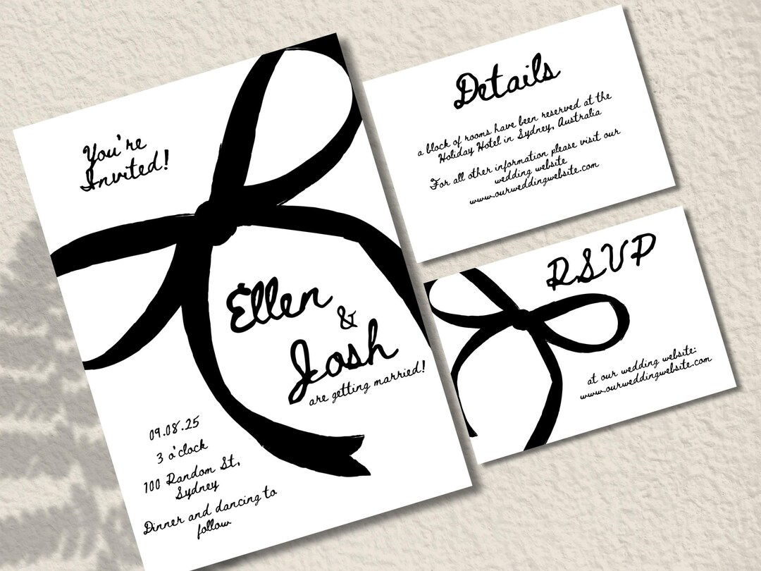 Bow Hand Drawn Editable Invitation Template Suite, Unique Fun Wedding ...