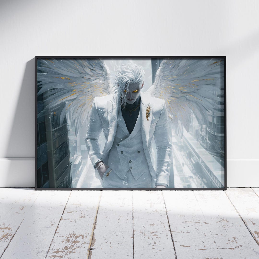 Modern Male Angel Wall Art | Radiant Silver-haired Angel in White Suit ...