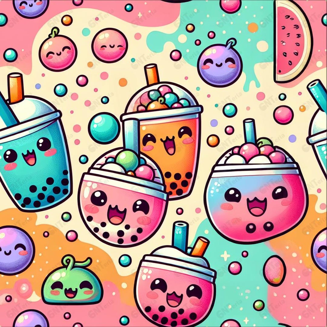 Cute Boba Drink Print Pattern | Kawaii Bubble Tea Seamless Pattern ...