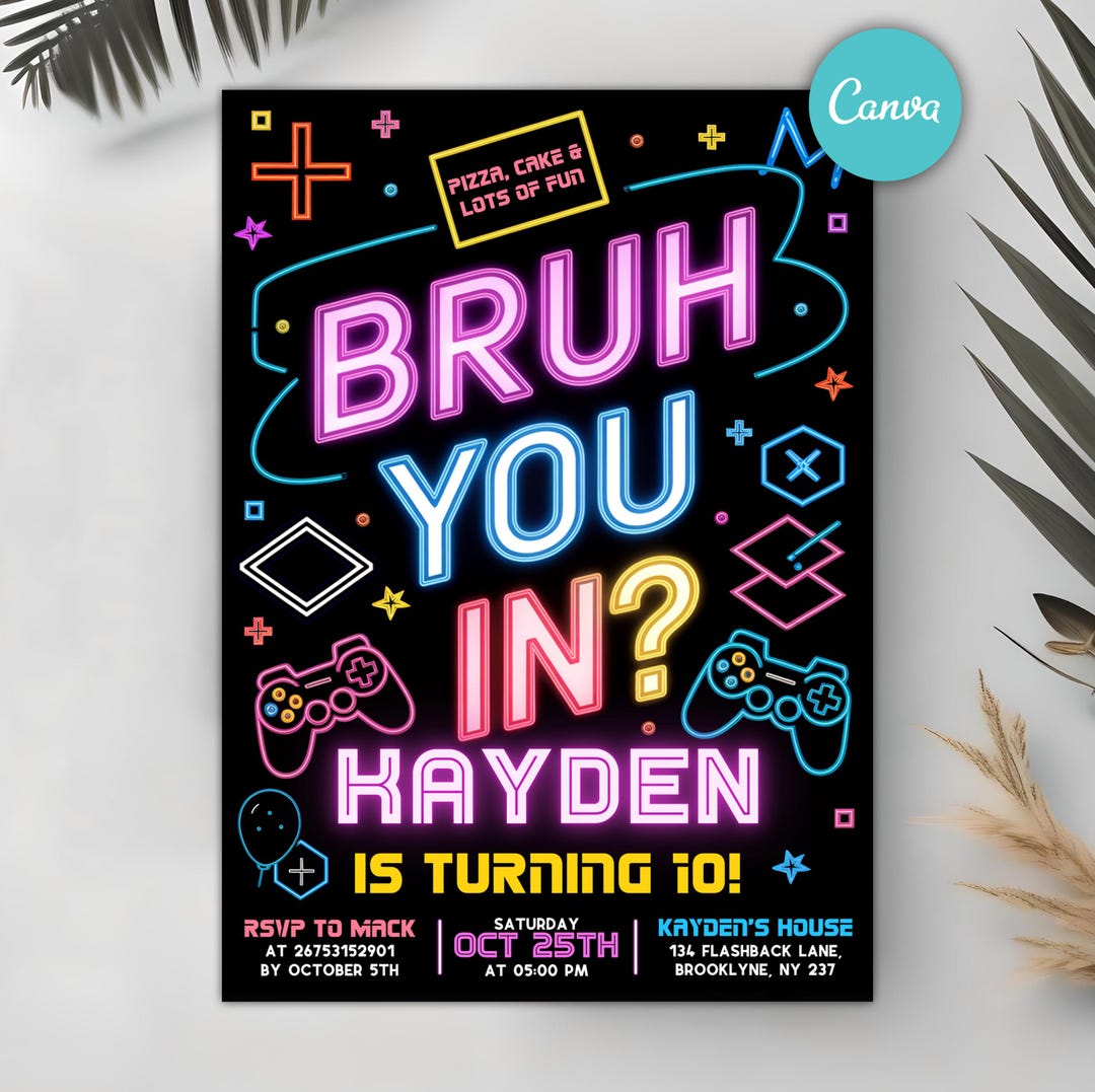 Bruh Birthday Invitation, Bruh Neon Invitation, Teenager Boys Party ...