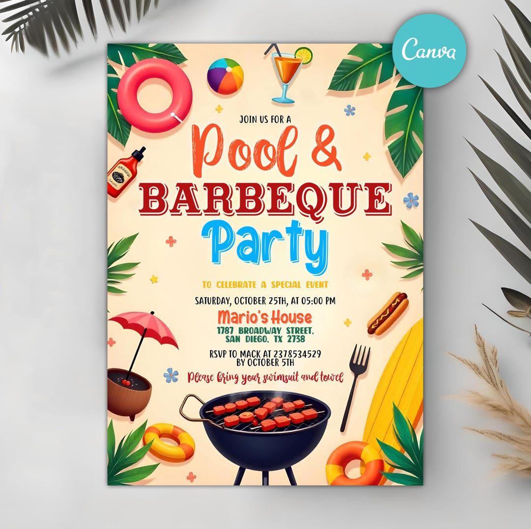 BBQ and Pool Invitation, Backyard BBQ Pool Party Invite, Summer Party ...