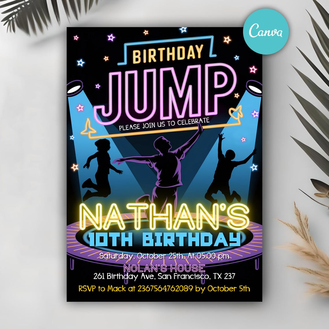 Editable Jump Birthday Invitation, Trampoline Park Party Invite, Teen ...