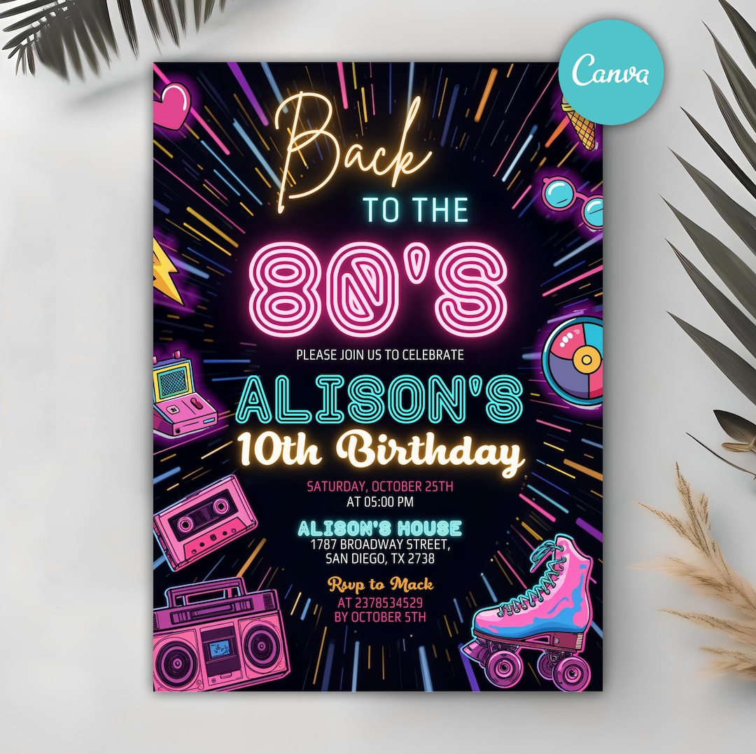 80s Birthday Invitation, Back to the 80s, Neon Party Invite, Neon Glow ...