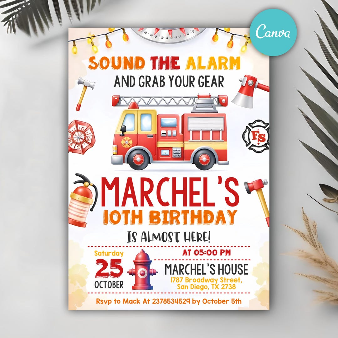 Fire Truck Birthday Invitation, Firetruck Invitation, Fire Engine ...