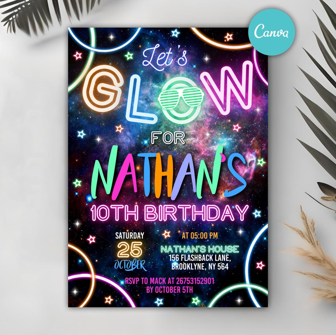 Editable Glow Birthday Invitation, Neon Glow Party Invite, Neon Lights ...