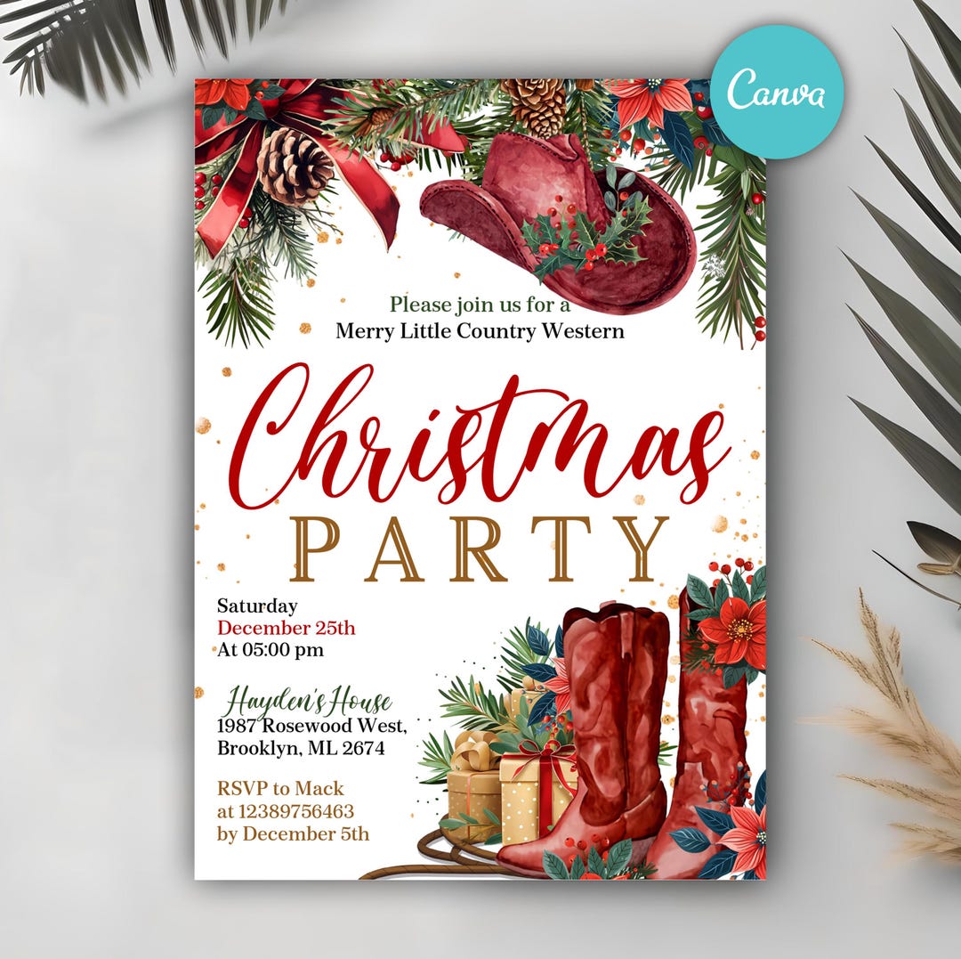Western Christmas Party Invitation, Holiday Party Invite, Cowboy ...