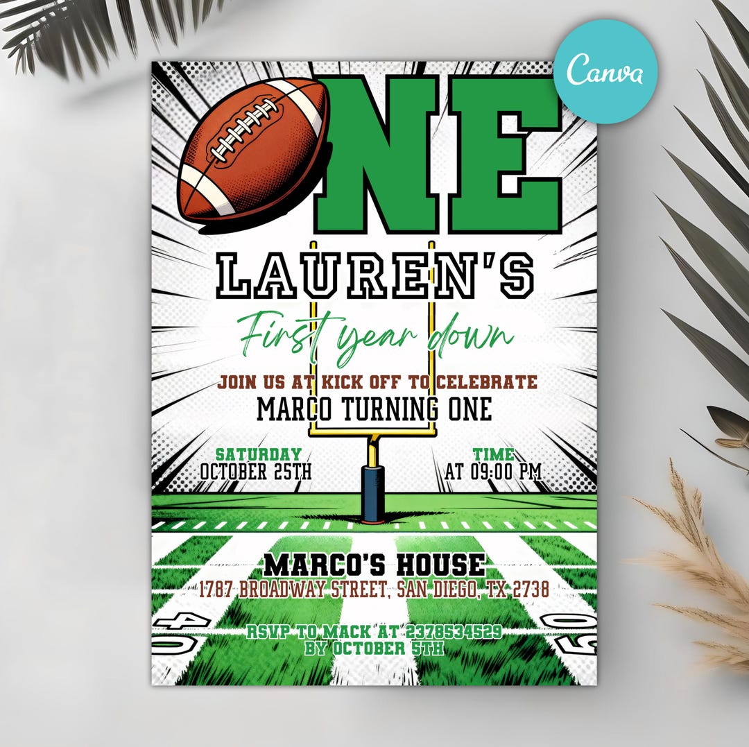 First Year Down Birthday Invitation, Football Party Invite, Sports ...
