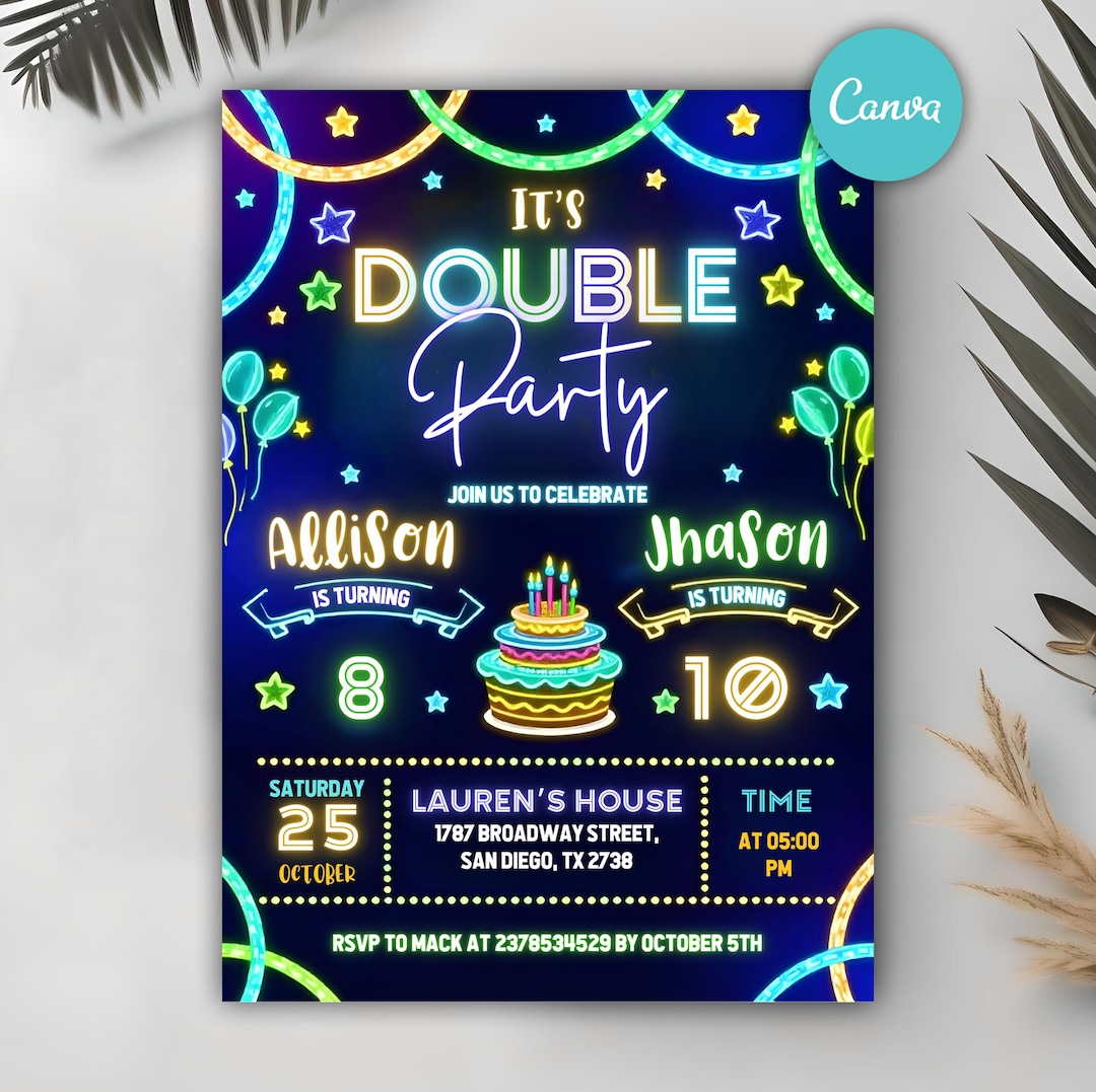 Neon Join Party Birthday Invitation, Sibling Birthday Party, Double ...