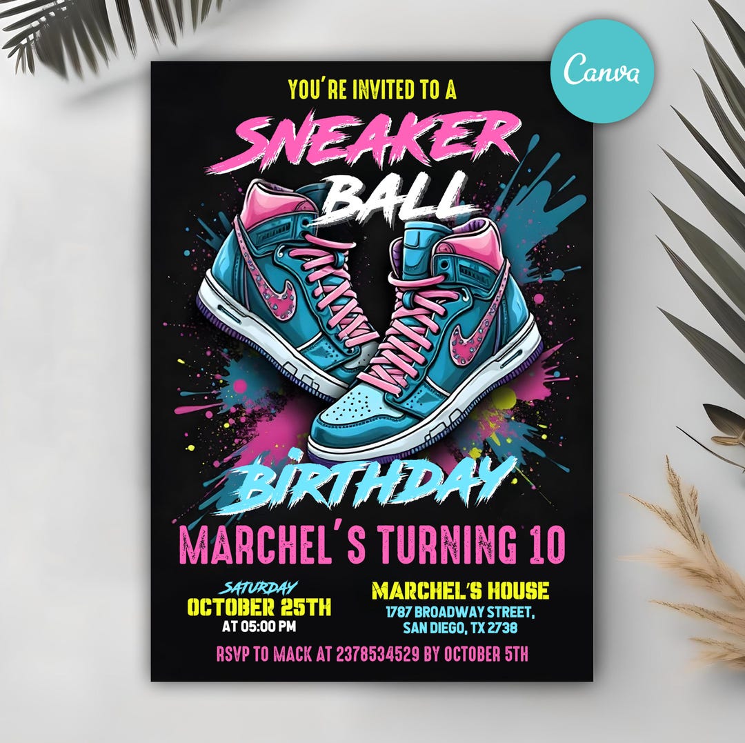 Editable Sneaker Ball Invitation, Neon Sneaker Birtday Invite, Sneaker ...