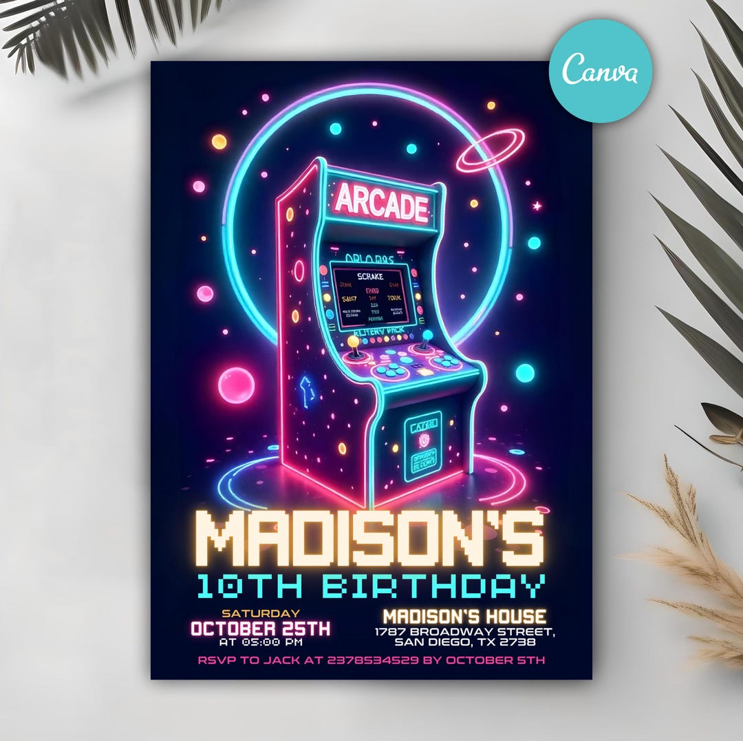 Arcade Birthday Invitation, Retro Gaming Party Invite, Video Game ...