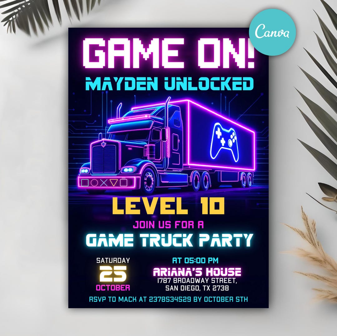 Video Game Truck Birthday Party Invitation, Neon Gaming Party Invite ...