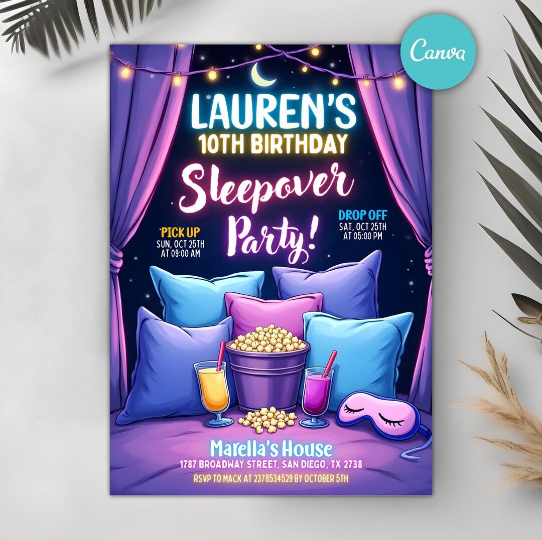 Editable Sleepover Birthday Invitation, Girls Night Slumber Party ...