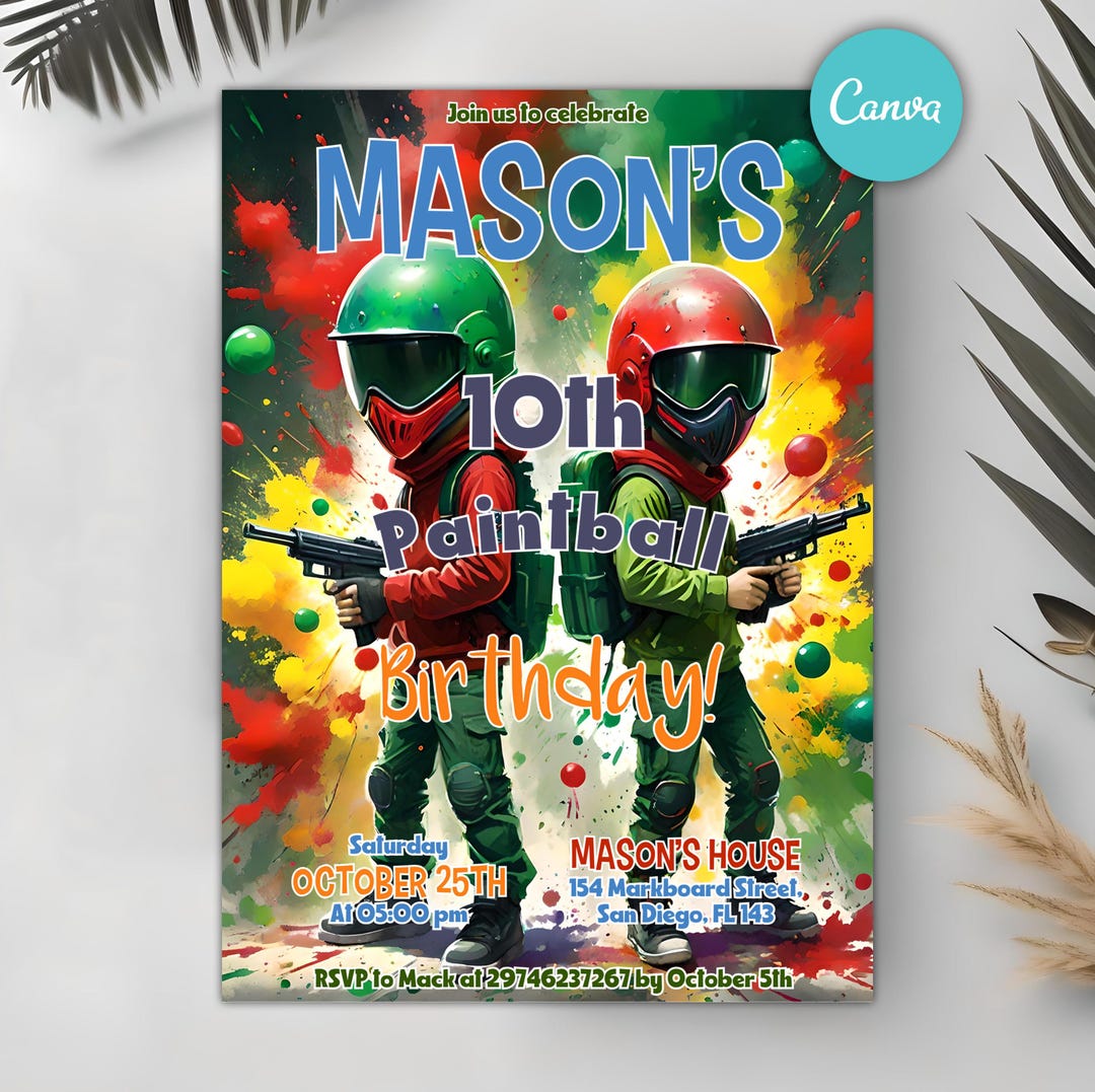 Editable Paintball Birthday Invitation, Paintball Party Invite, Boys ...