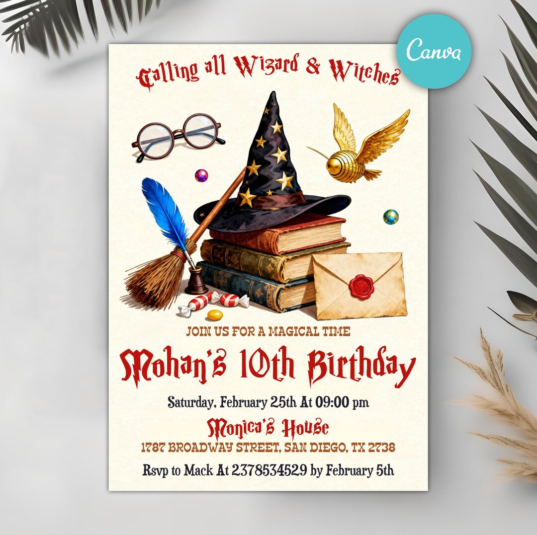 Wizards Witches Birthday Invitation, Magical School Wizardry Party ...