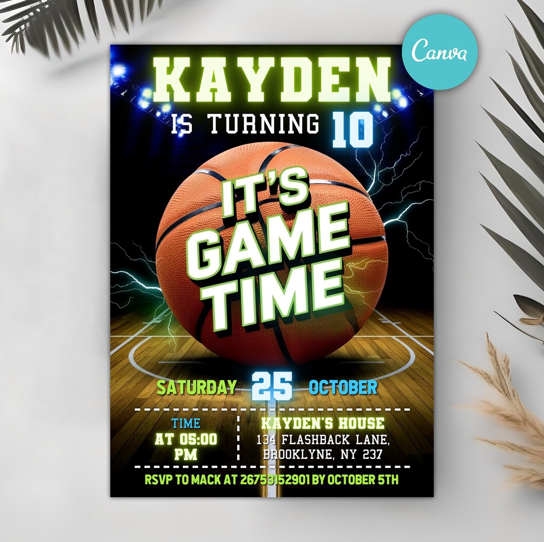 Basketball Birthday Invitation, Sports Party Invite, Neon Basketball ...