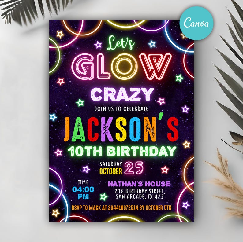 Glow Birthday Party Invitation, Glow Crazy Birthday Invitation, Neon ...