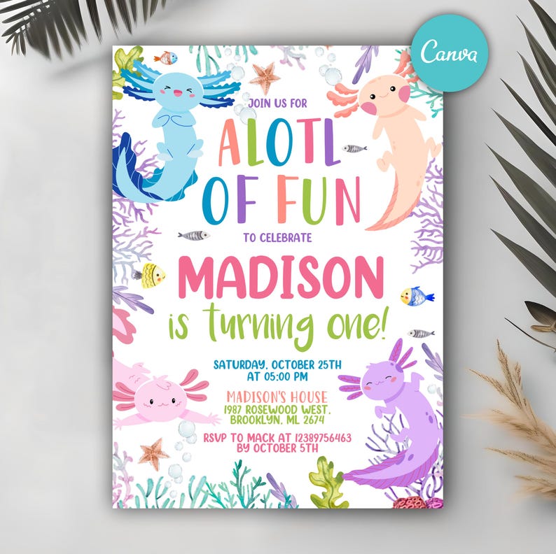 Editable Axolotl Birthday Invitation, Girl Axolotl Invite, Axolotl ...