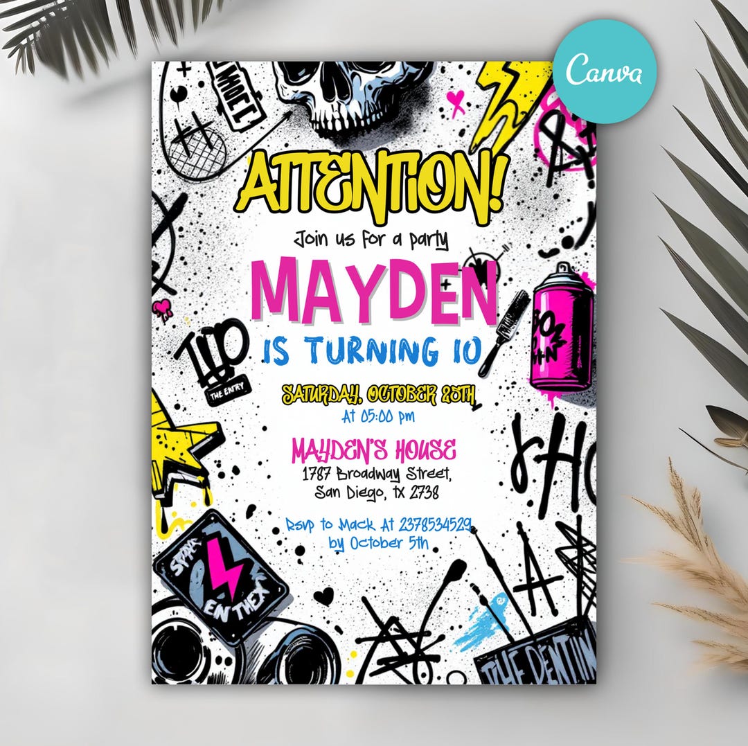 Editable Graffiti Birthday Invitation, Spray Paint Party Invitation ...