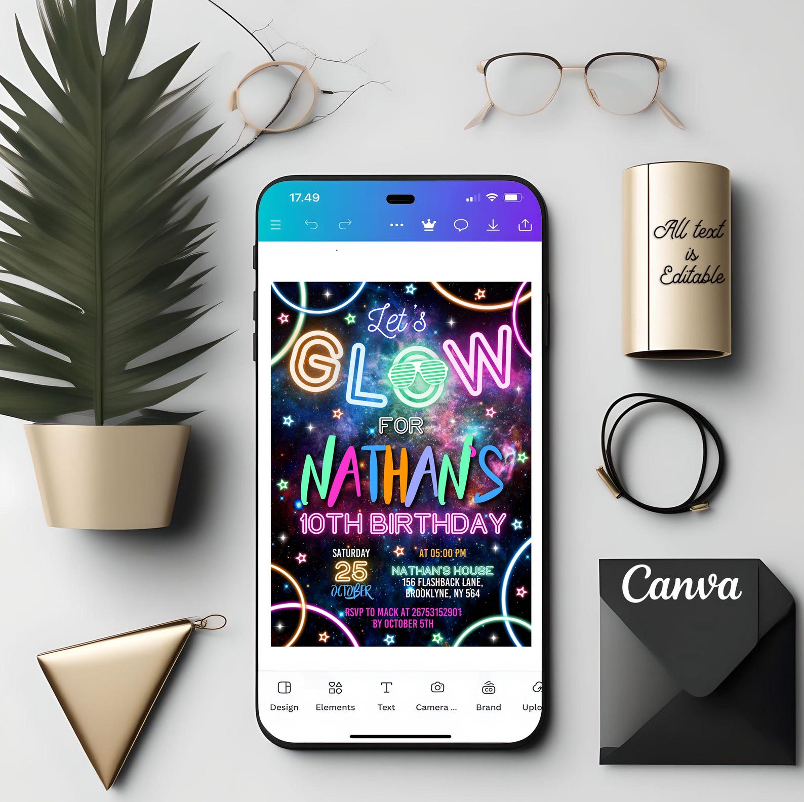 Editable Glow Birthday Invitation, Neon Glow Party Invite, Neon Lights ...