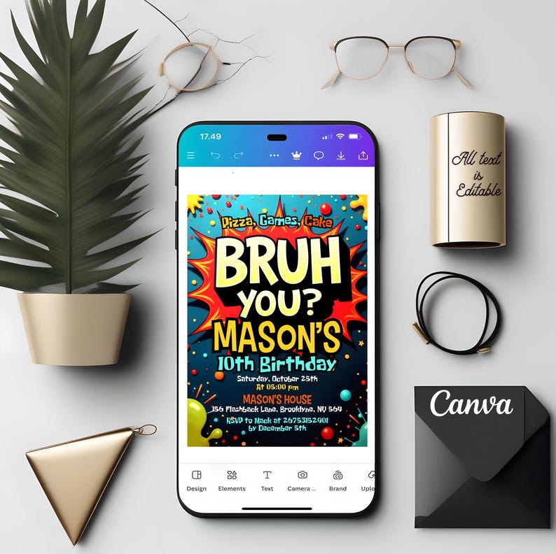 Editable Bruh Invitation, Bruh Party Birthday Invitation, Neon Graffiti ...