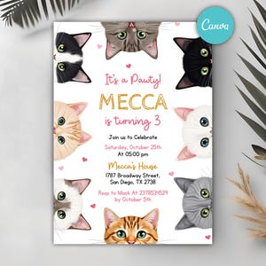 Editable Cat Birthday Invitation, Kitty Cat Birthday Party, Cat Theme ...