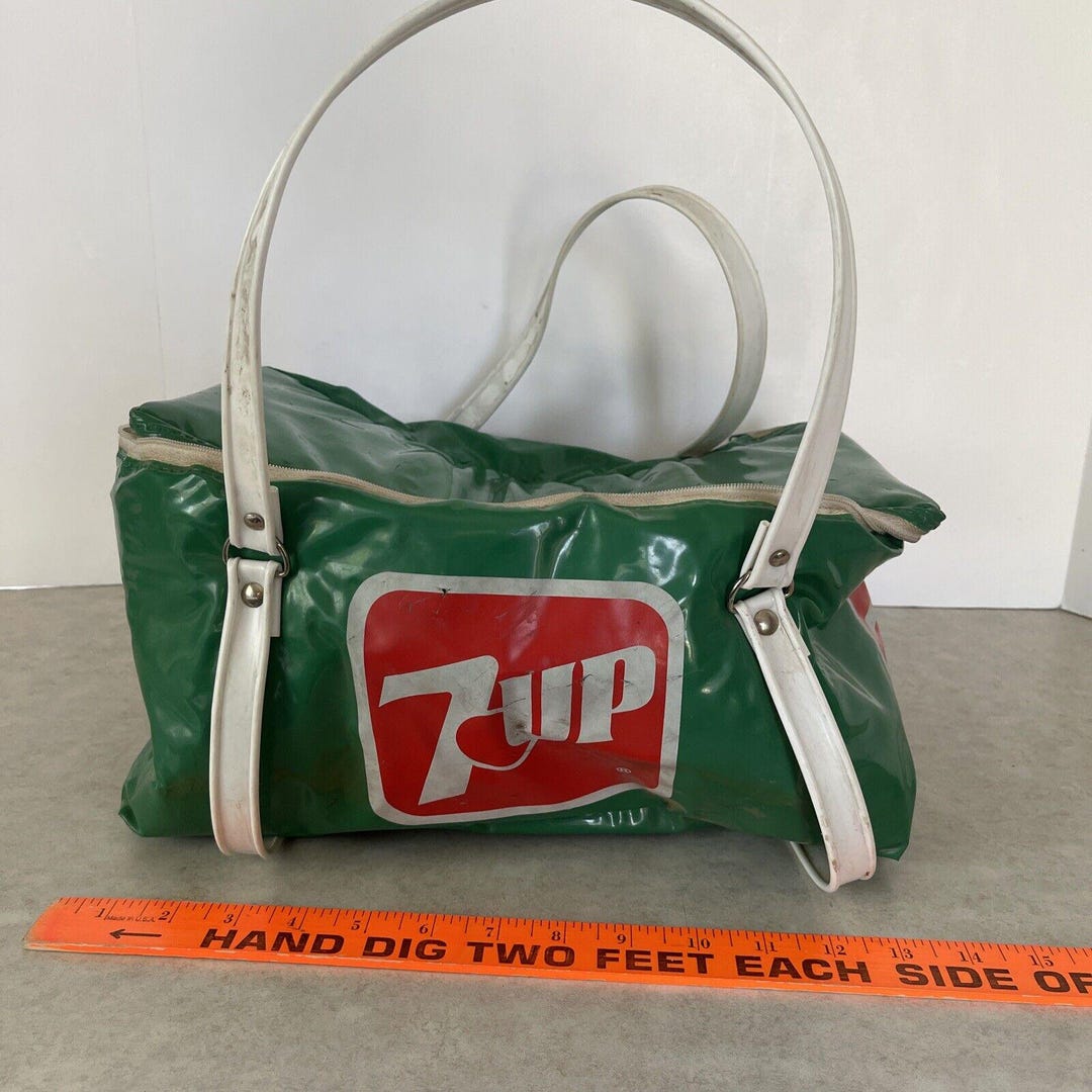 Vintage 7UP Green Vinyl Cooler Bag Carrying Tote Case 14x8 Straps ...