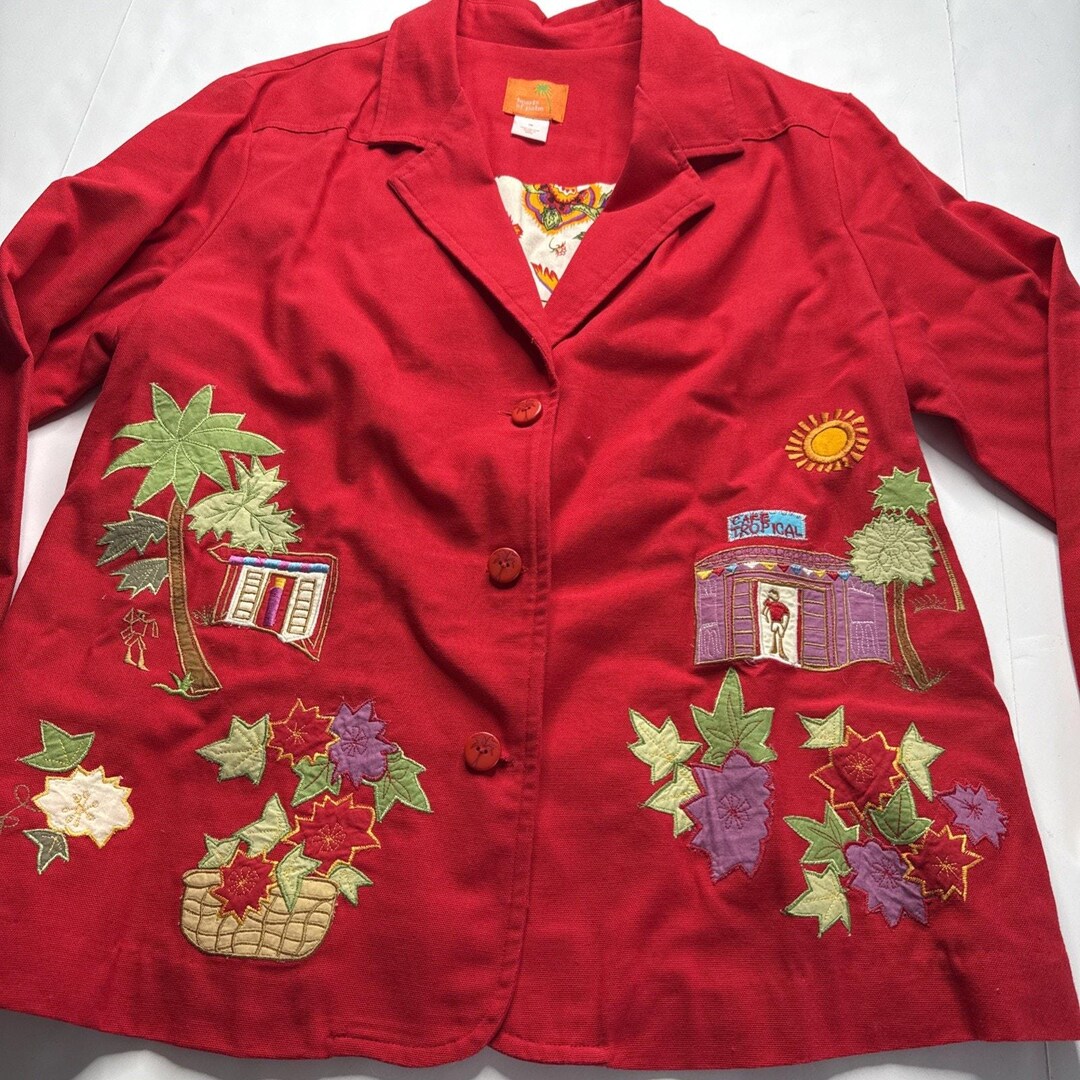 Y2K Jacket Women Red Beach Palm Trees Island Stitched Sz 16 Vtg New ...
