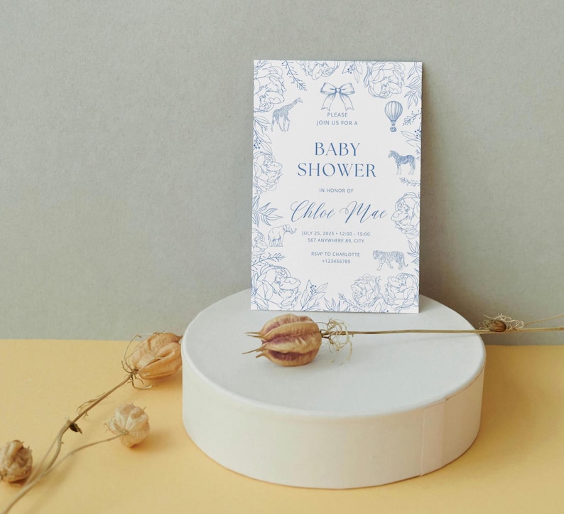 Editable Blue Dior Baby Shower Digital Download Canva Invitation ...