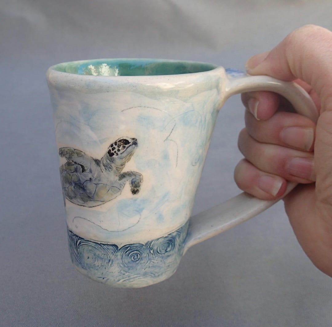 Sea Turtle Ceramic Mug, Hand Painted Cup, Ocean Coffee Cup, Slab Built ...