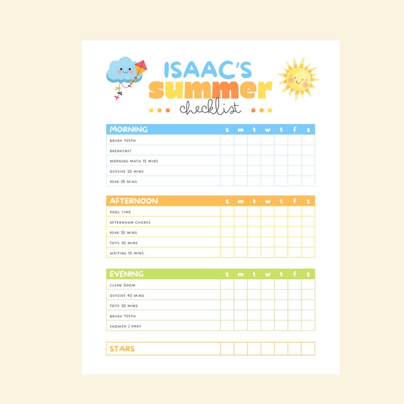 Editable Summer Chore Chart for Kids | Printable Checklist, Daily ...