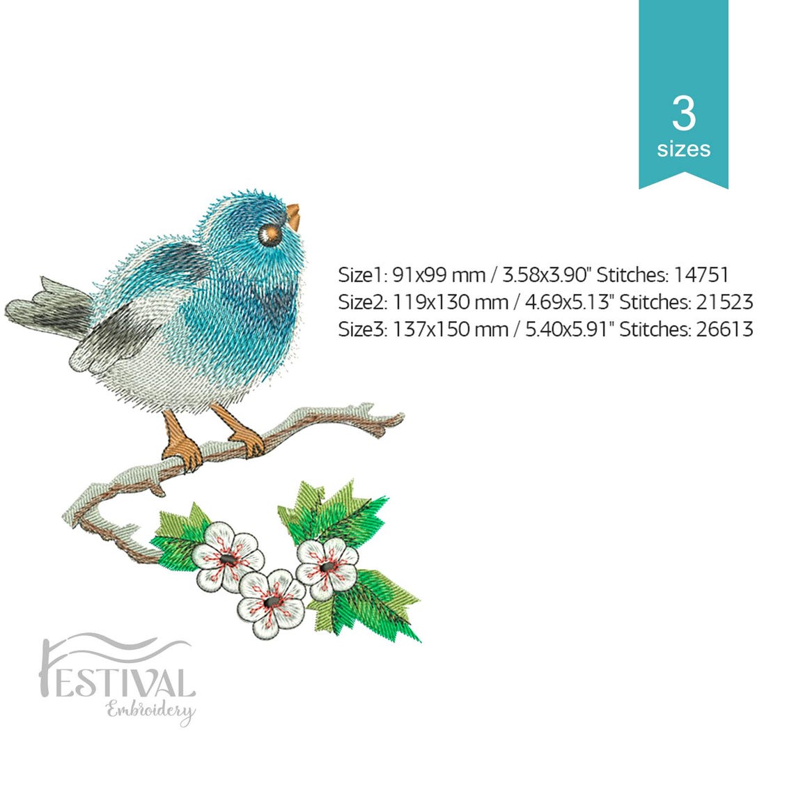 Little Blue Bird Embroidery Design | Sakura Branch With Bird | Spring ...
