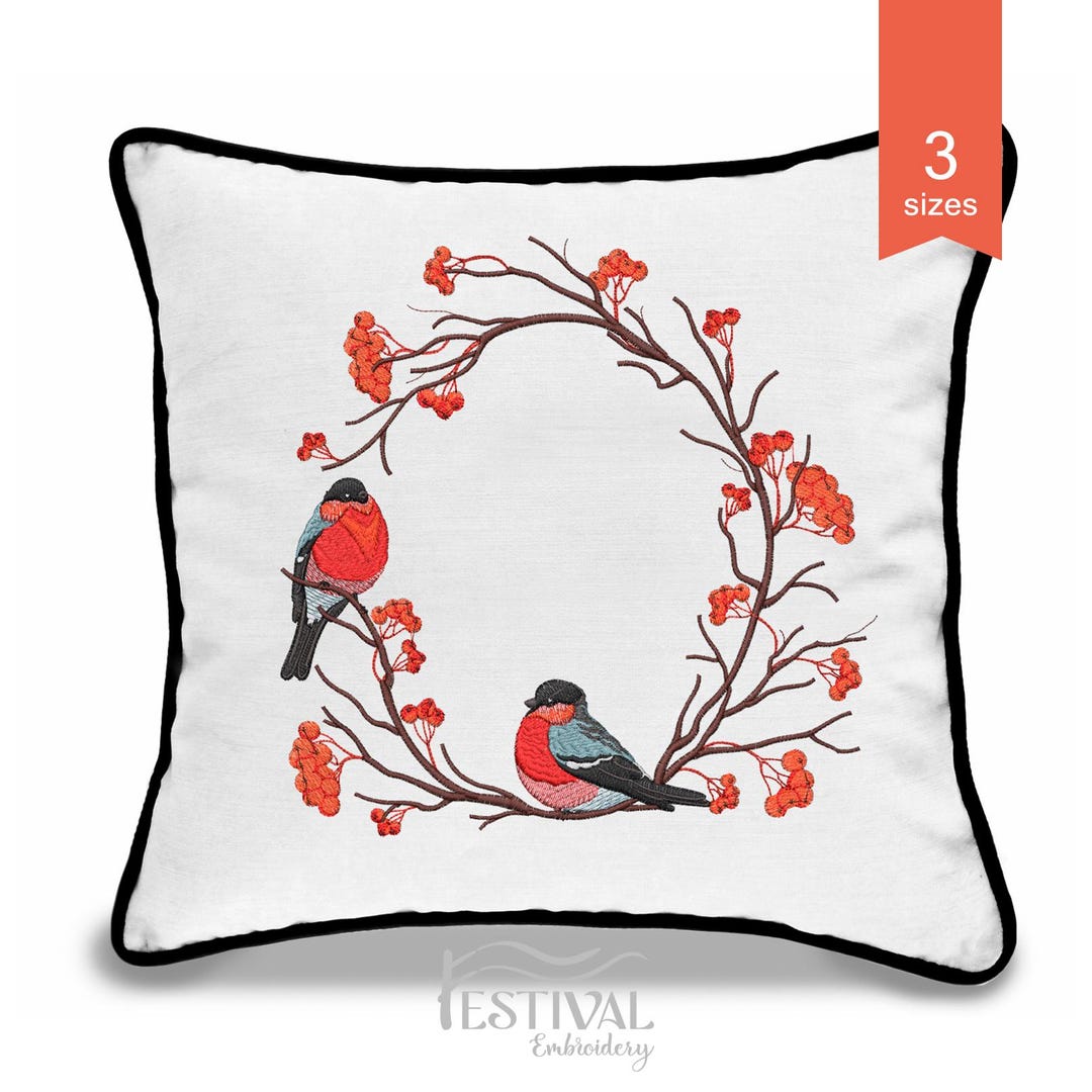 Bullfinch & Mountain Ash Wreath Embroidery Design – Machine Embroidery ...