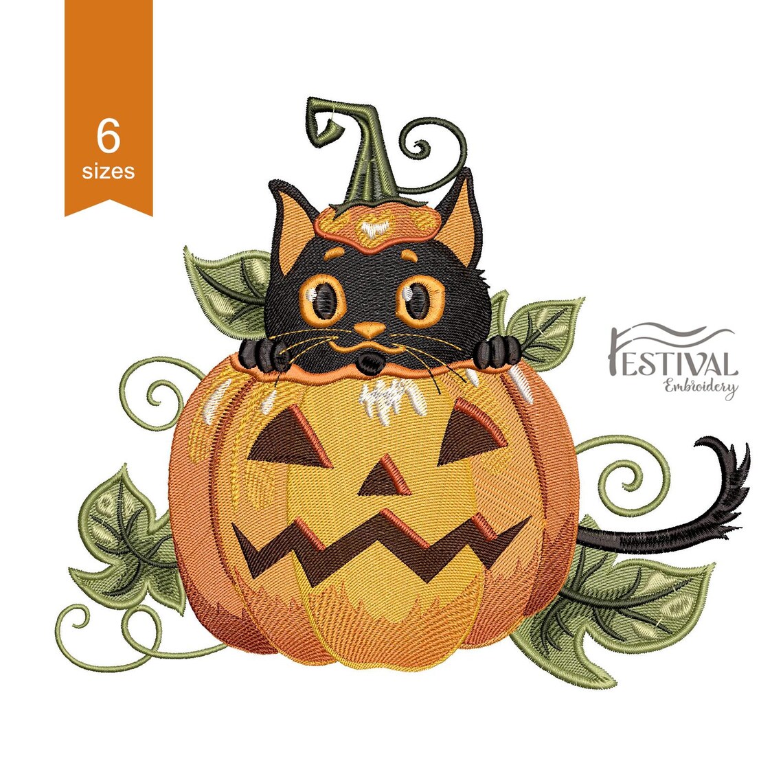 Halloween Pumpkin Embroidery Designs With Black Kitten: Spooky Season ...