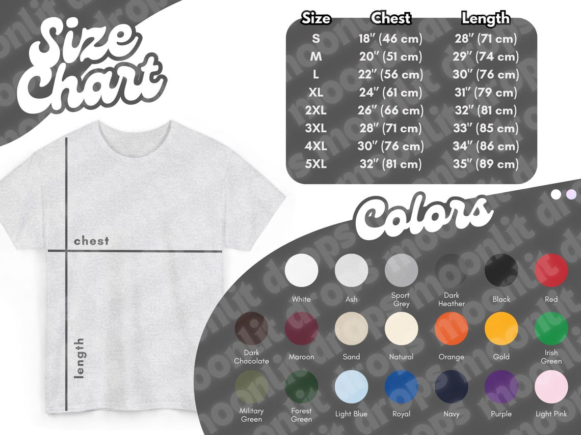 Size and Color Chart for Gildan 5000 Shirts, Print-on-demand Ready ...