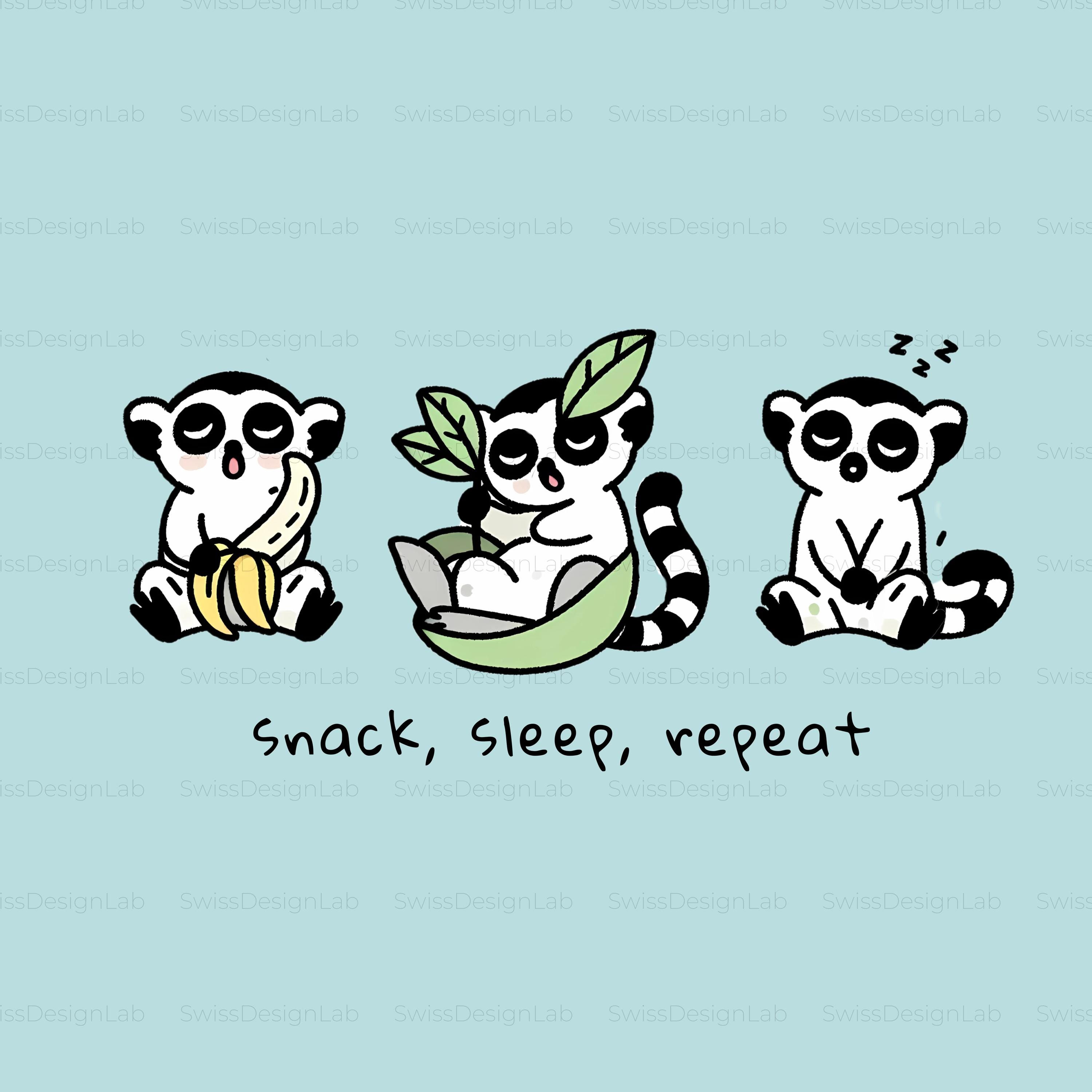 Three Lazy Lemurs in A Row Cartoon Design Png, Snack Sleep Repeat Svg ...
