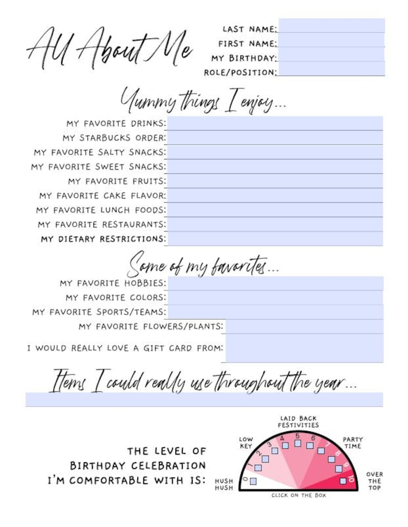 All About Me Form - Etsy