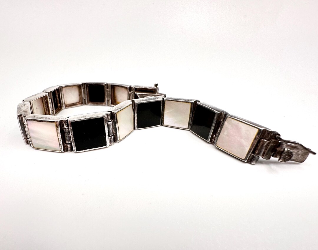 Vintage FAS Sterling Silver Onyx & Mother of Pearl Hinged Bracelet ...