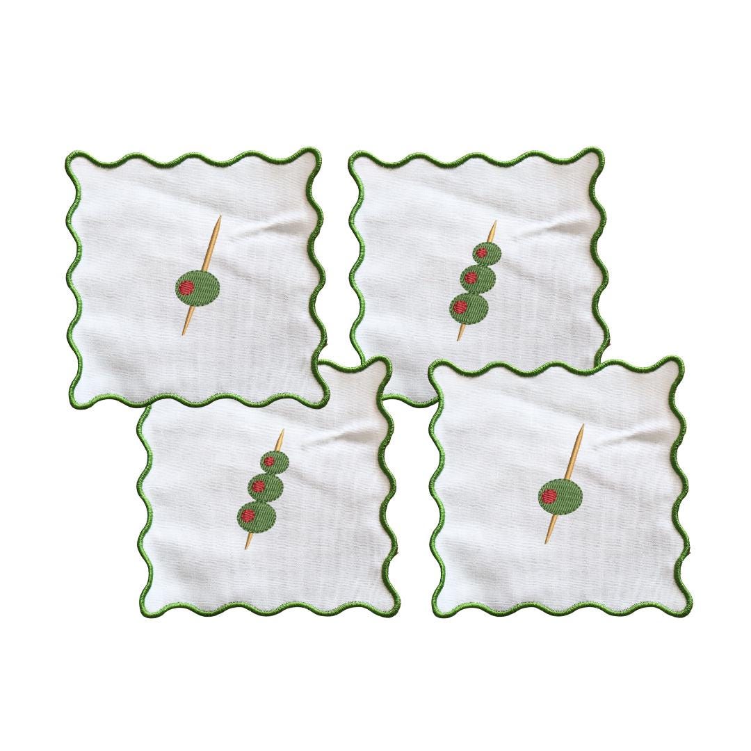 Wavy Squiggle Cocktail Napkins- Set of 4, Embroidered Olive, Martini ...