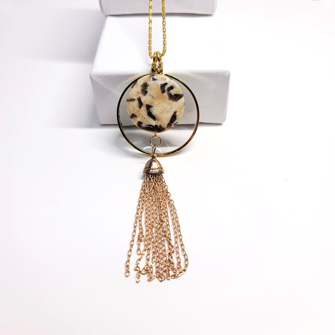 Magnifier Necklace, Vintage Dalmation Jasper Stone With Tassel, Monocle ...