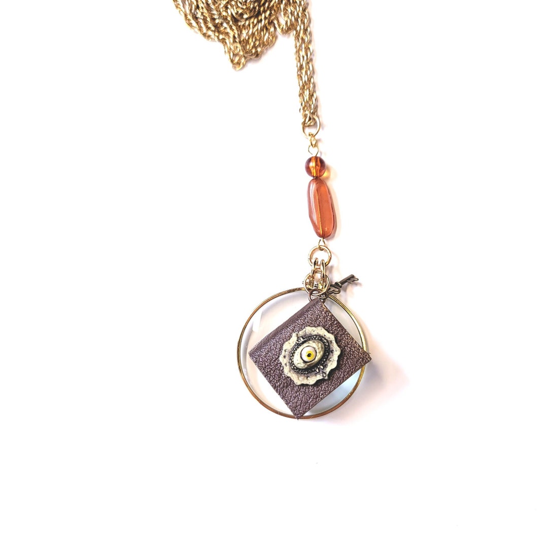 Gothic Book Necklace Magnifier Pendant Tiny Key Two Golden Brown Beads ...