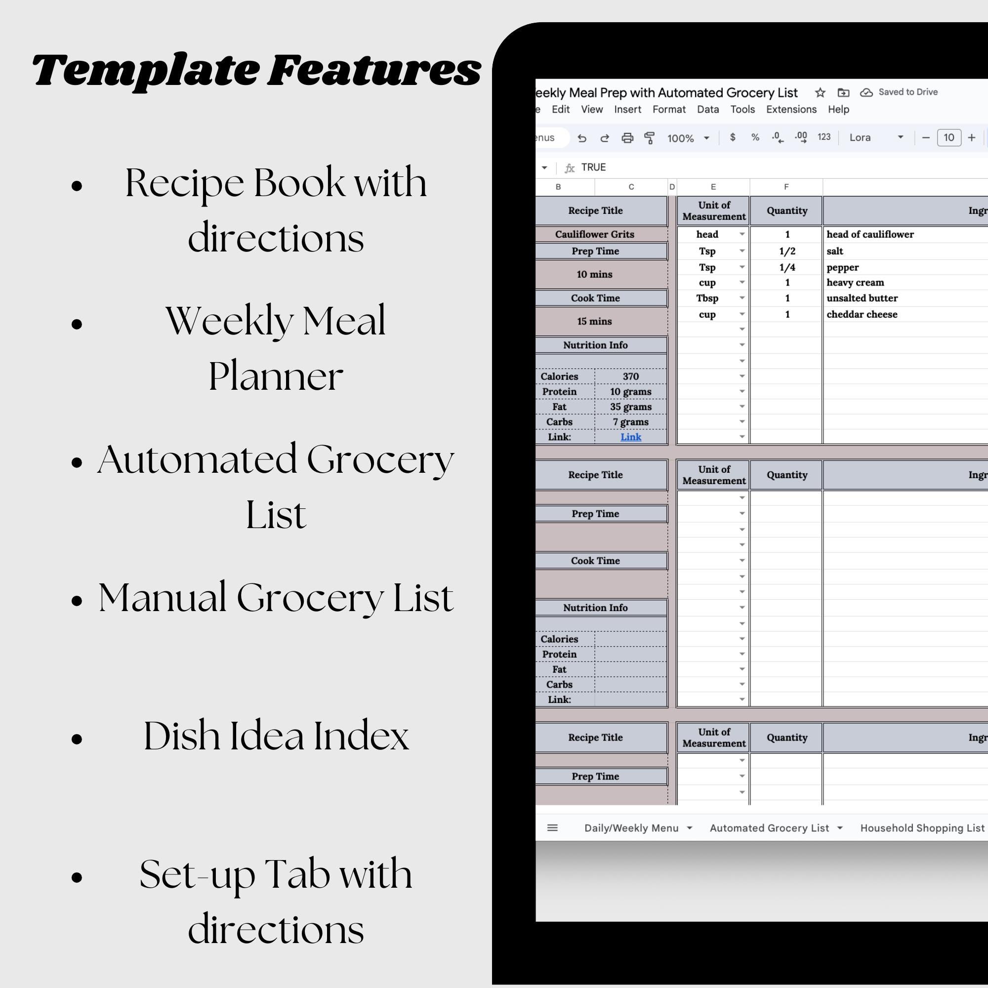 Automated Grocery List & Weekly Meal Planner Meal Prep Template for ...