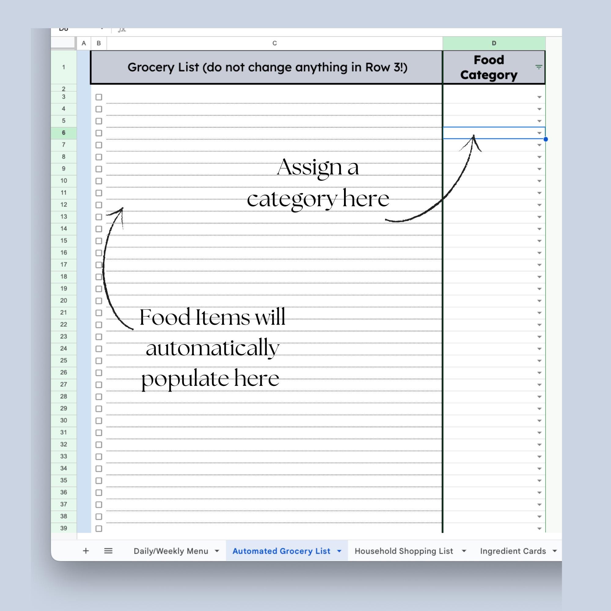 Automated Grocery List & Weekly Meal Planner Meal Prep Template for ...