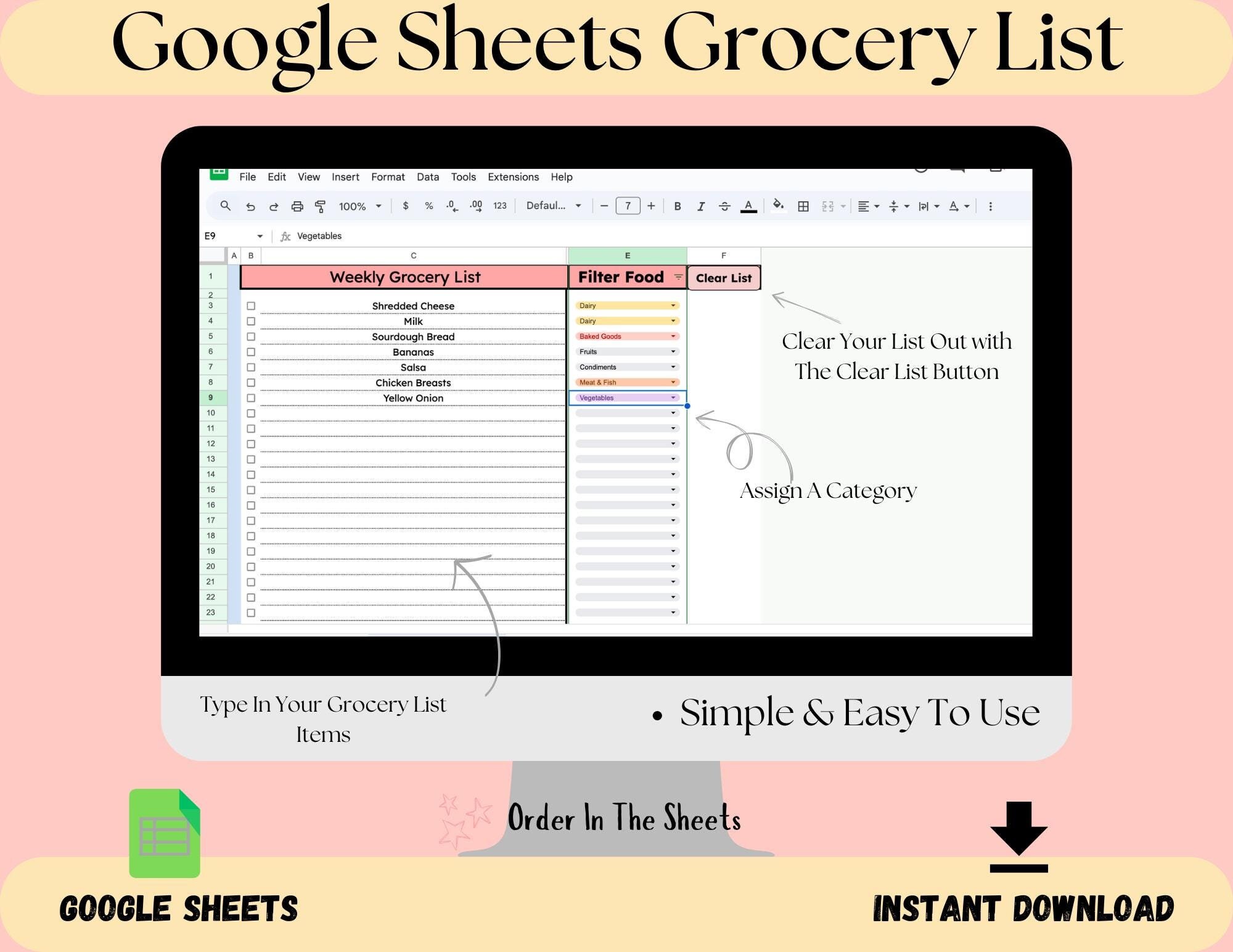 Digital Grocery List Template Meal Planner Shopping List Google Sheets ...