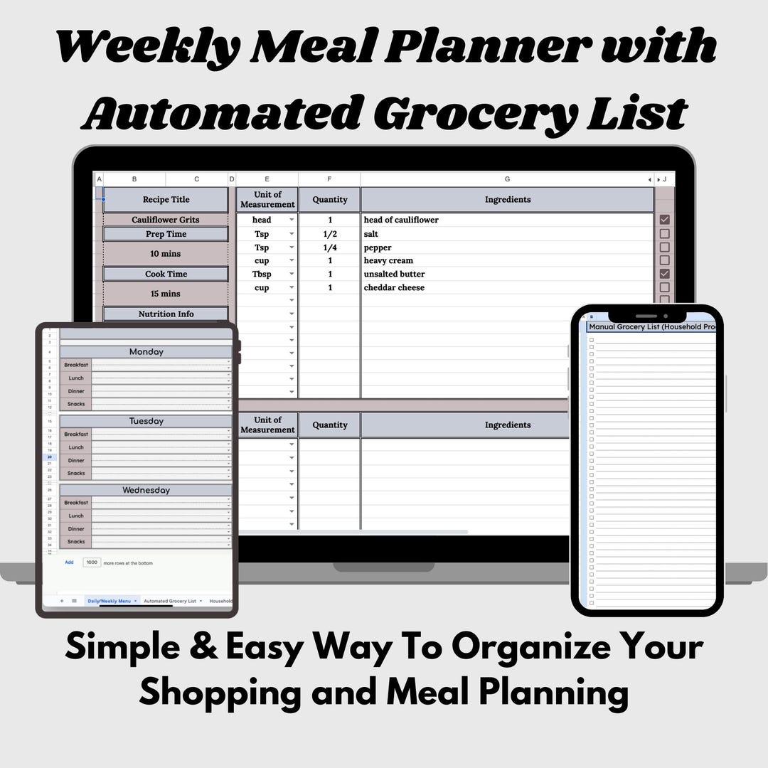 Automated Grocery List & Weekly Meal Planner Meal Prep Template for ...