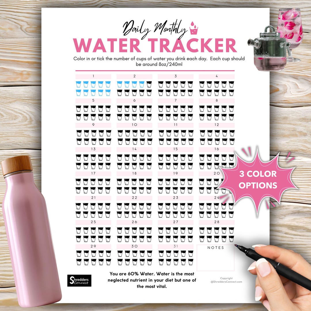 Water Tracker Log - Printable Hydration Journal, Monthly Water Intake ...