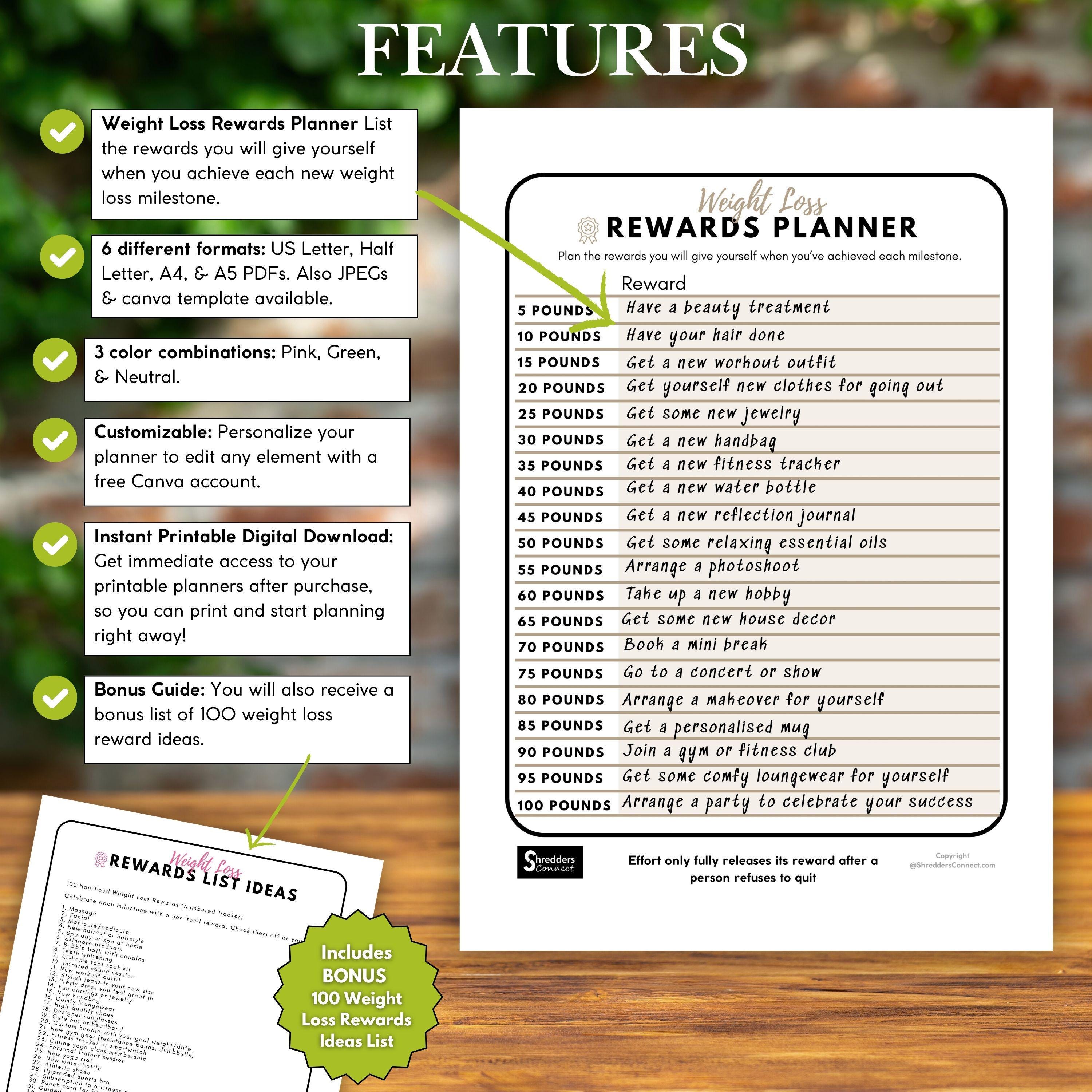 Weight Loss Reward Tracker, Printable Goal Setting Chart, Motivation ...