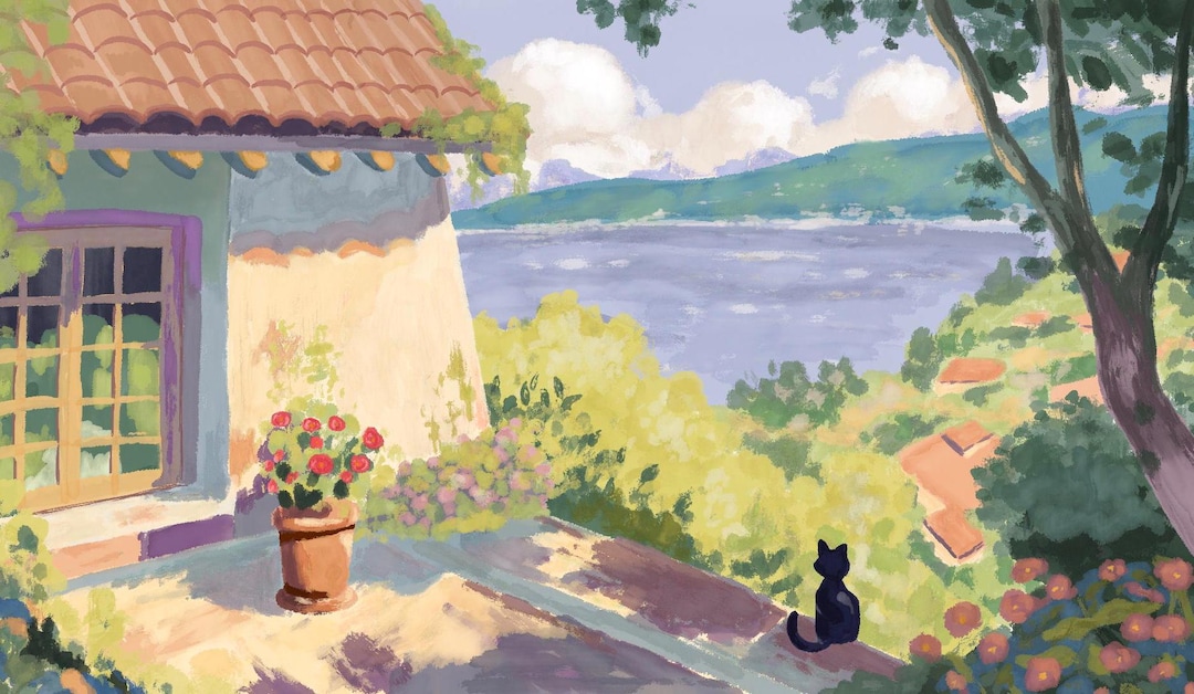 Hand-painted Cottage Lake Desktop Wallpaper Cozy Nature Cute Cats Lofi ...