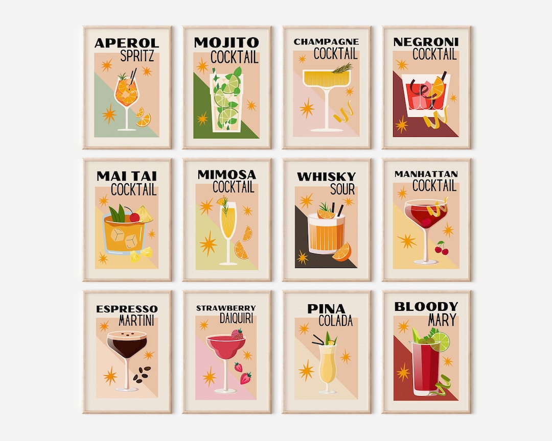 SET of 12 COCKTAIL PRINTABLE Posters Digital Download Bar Cart Decor ...
