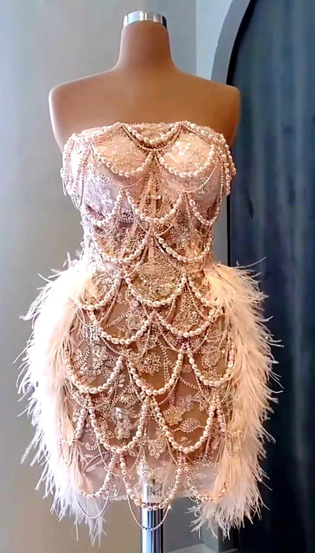 Crystal Fully Beaded Embroidered Feather Gold Special Event Evening ...