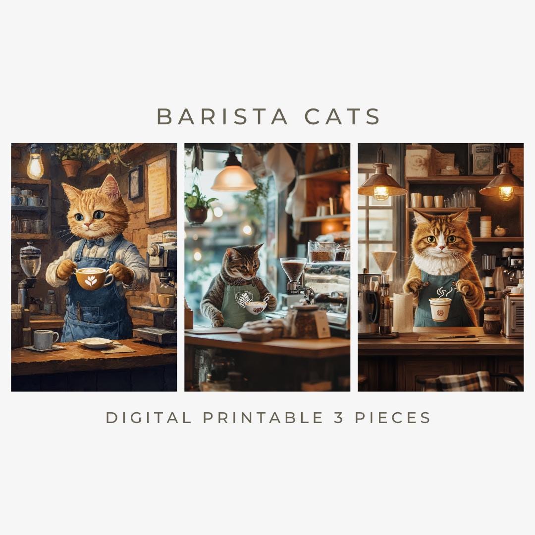 Barista Cat Wall Art Set - Funny Cat Posters Trio - History Lover Decor ...